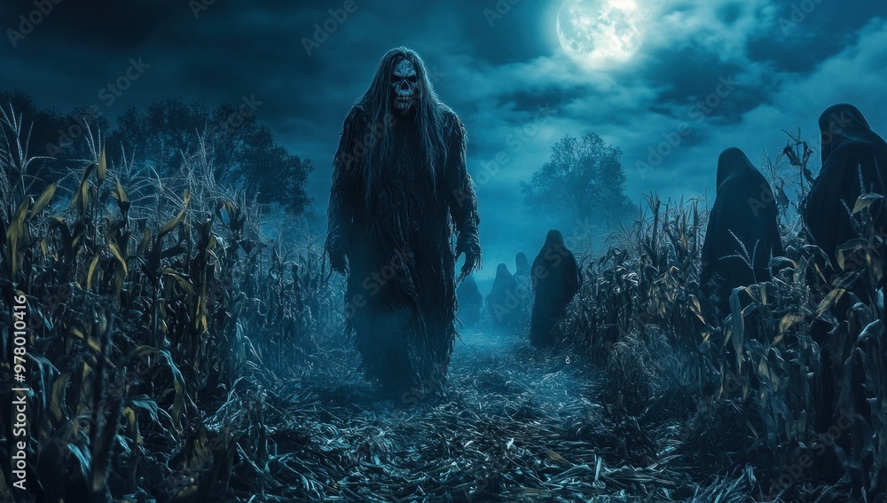 Sinister monster and hooded figures in eerie moonlit cornfield Stock ...