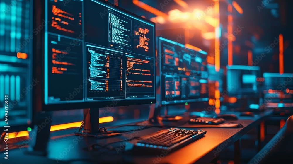Cybersecurity operations in a dark room with multiple monitors Stock ...