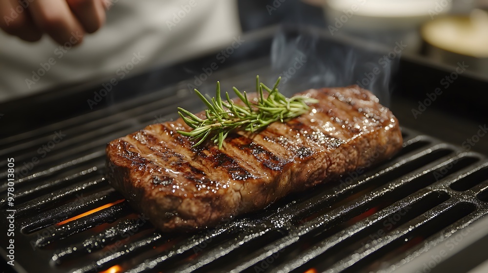 Close-up of a chef grilling a wagyu beef steak with rosemary garnish on ...