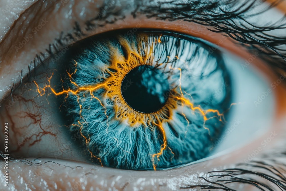 Detailed close up of a blue eye with orange veins and intricate fractal ...