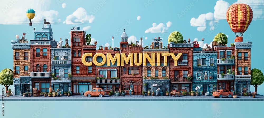 Buildings in the form of a word "COMMUNITY" in a 3D low-poly style ...