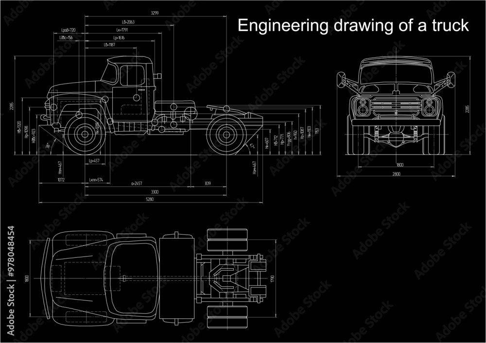 Vector engineering drawing of a truck with dimensional lines and ...