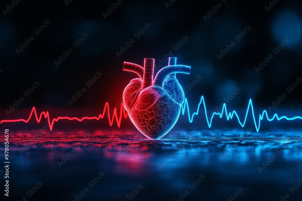 Medical illustration of a heart with visible arteries and an EKG line ...