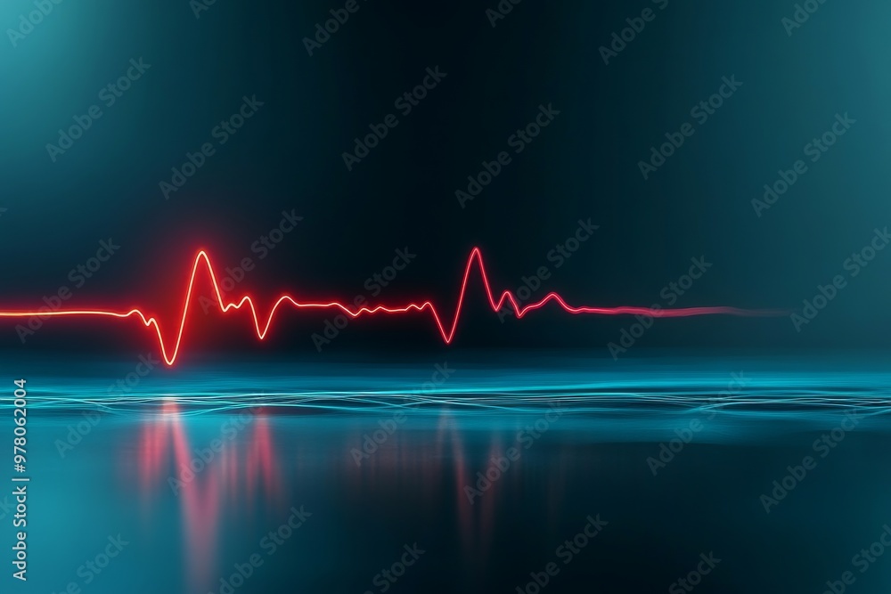 Red and purple neon electrocardiogram line on reflective surface ...
