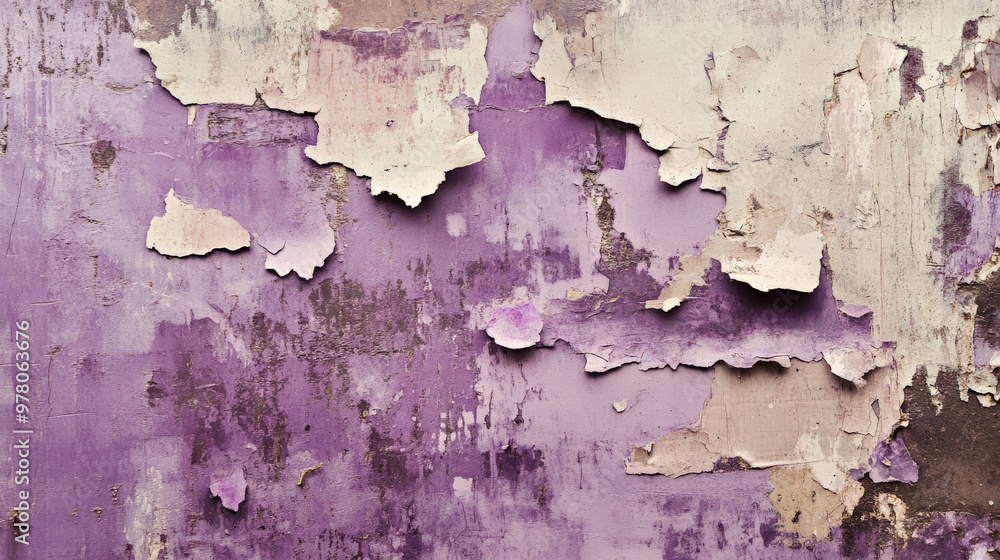 A distressed, torn poster with layers of purple paper exposed beneath ...