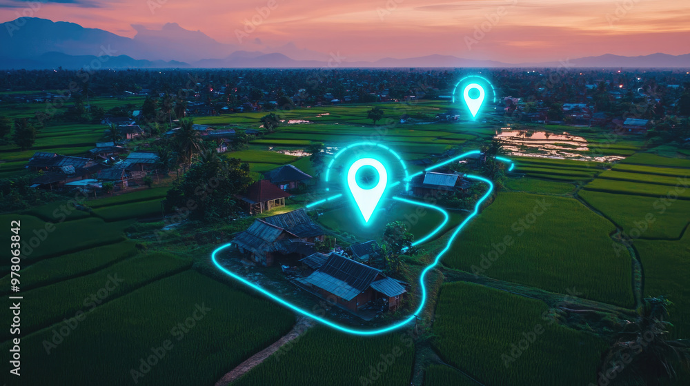 A map of a rural area with two glowing blue pins on it. The pins ...