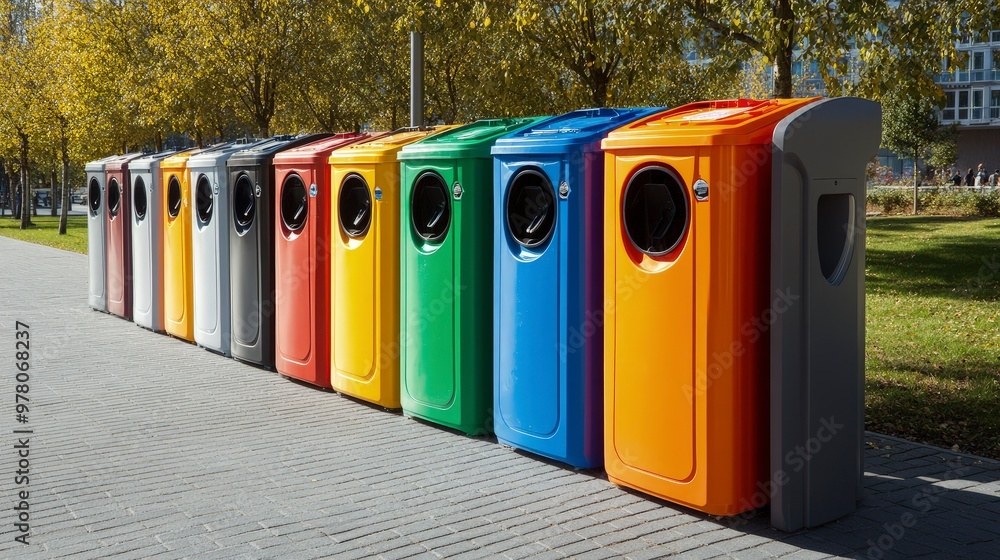 Recycling station with multiple bins, color-coded lids for different ...