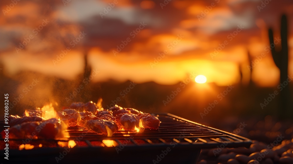 Oasis BBQ, meat smoking on grill, cacti and sand dunes backdrop, warm ...
