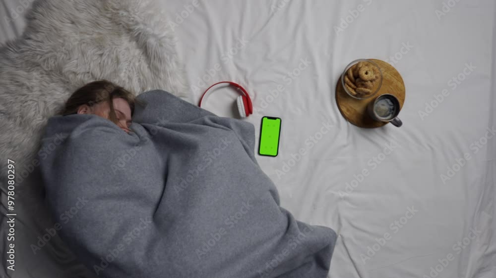 Top view of girl laying on the bed covered in blanket, gadget with ...