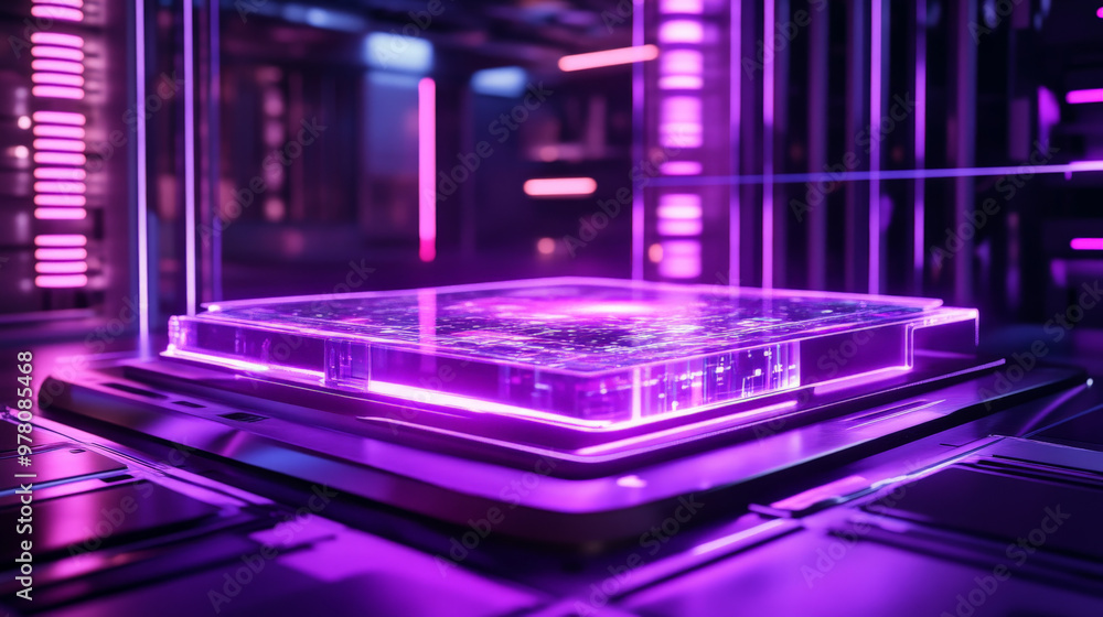 A high-tech display platform with a glowing purple base and dynamic ...