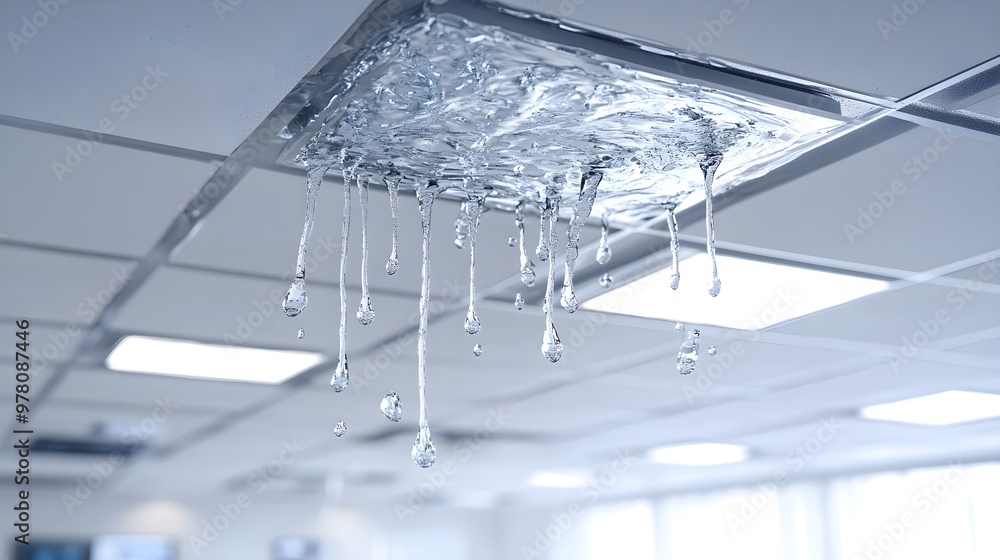 Flood-damaged office ceiling tiles dripping water onto computer ...