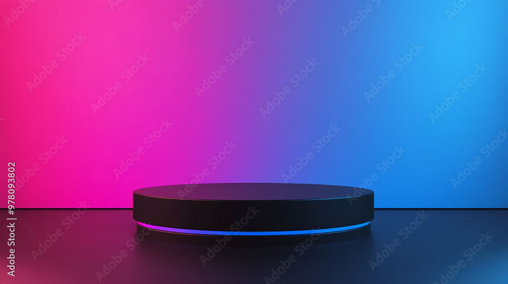 A simple matte black podium, highlighted by a neon pink and blue ...