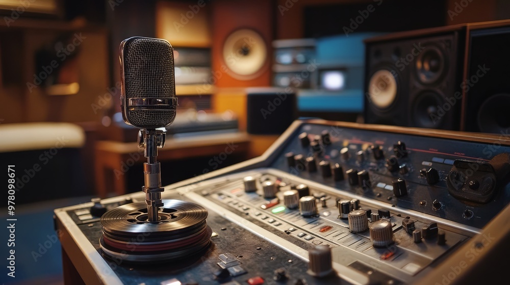 An old-school reel-to-reel audio tape recorder with spools and a ...