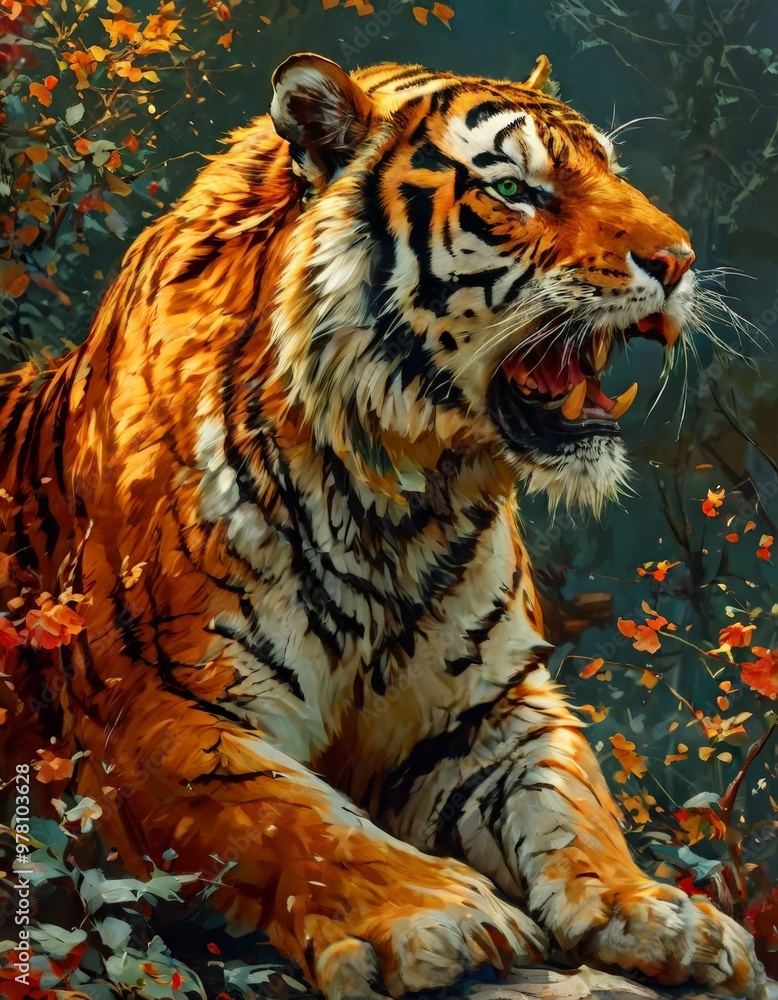 Dynamic image of a tiger roaring in an autumn forest, with vibrant ...