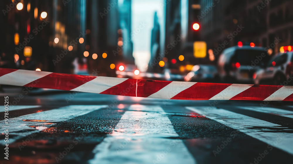 photo of stretched striped police tape against blurred city buildings ...