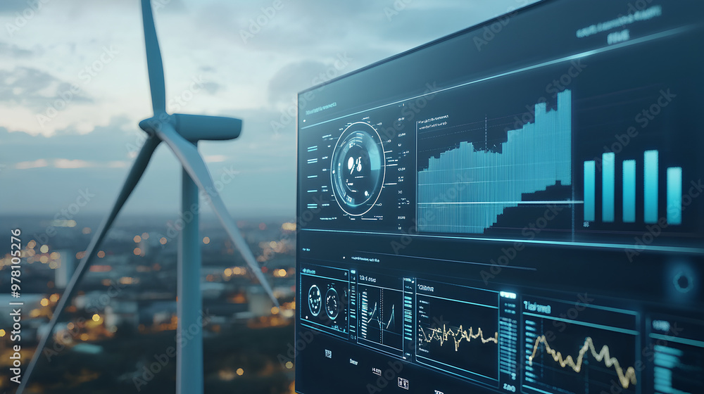 Modern wind turbine with a detailed energy data analytics dashboard in ...