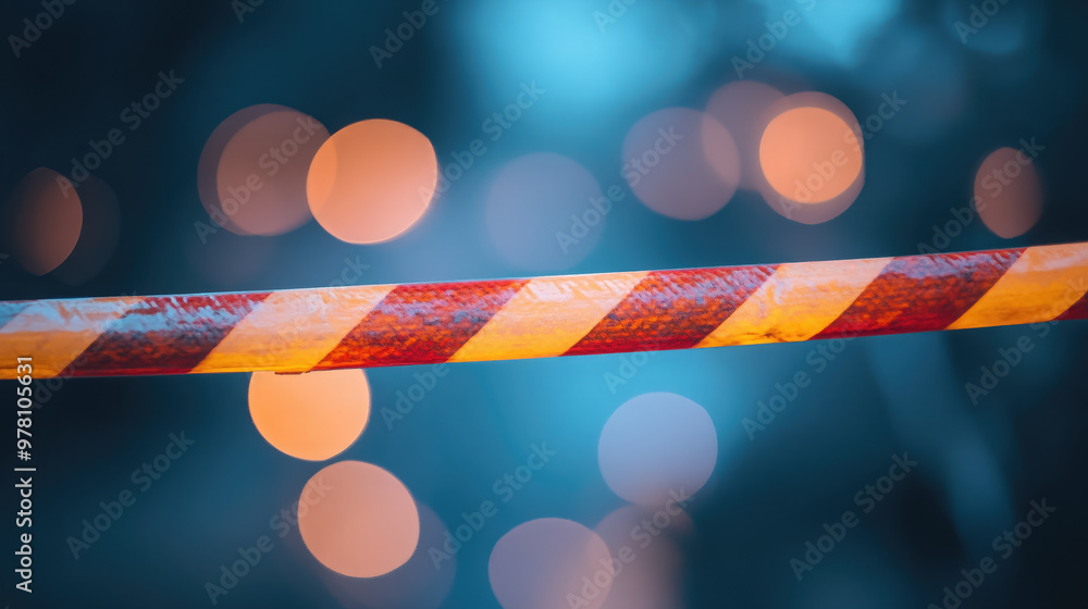 photo of stretched striped police tape against blurred city buildings ...