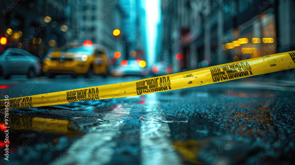 photo of stretched striped police tape against blurred city buildings ...