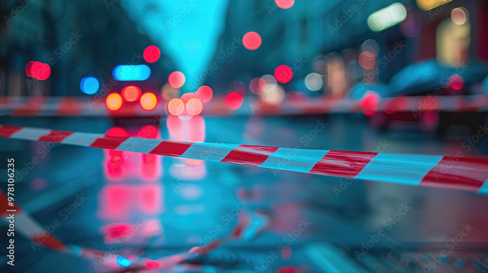 photo of stretched striped police tape against blurred city buildings ...