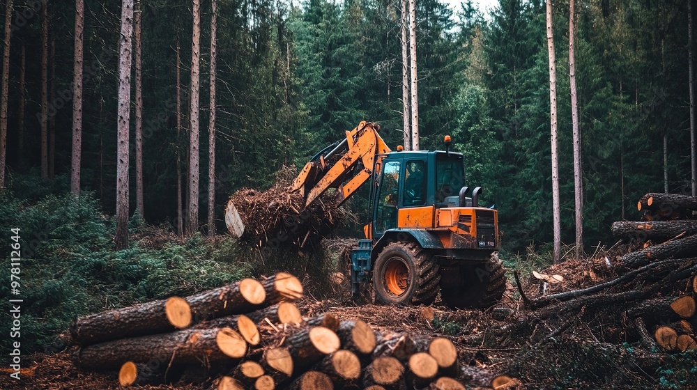 Title (English): Experienced logger operating heavy machinery to fell ...