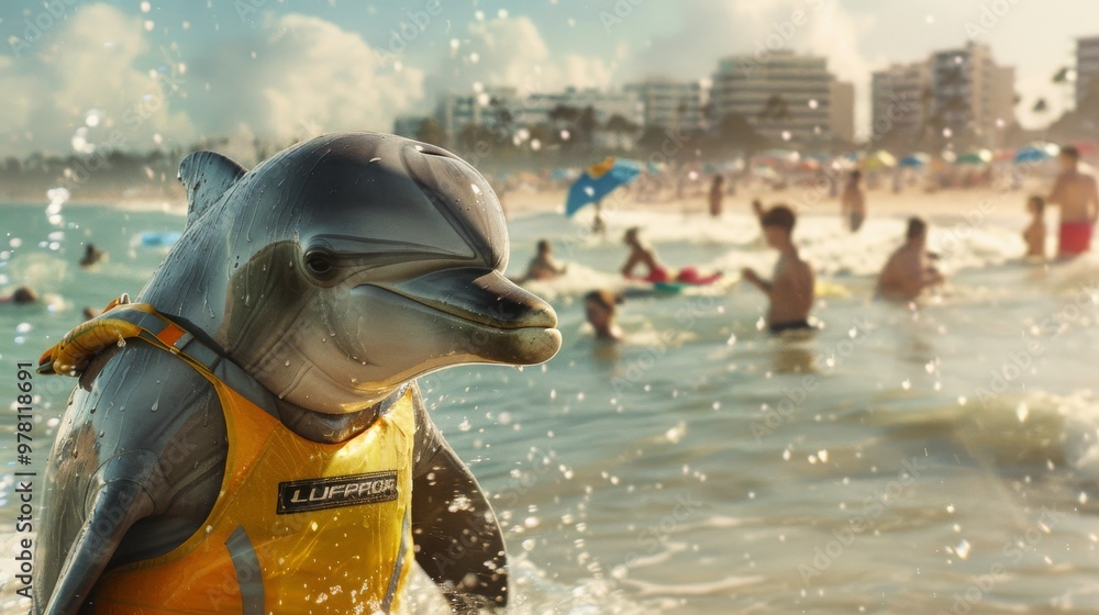 Heroic Dolphin in Lifeguard Uniform Patrolling a Crowded Beach ...