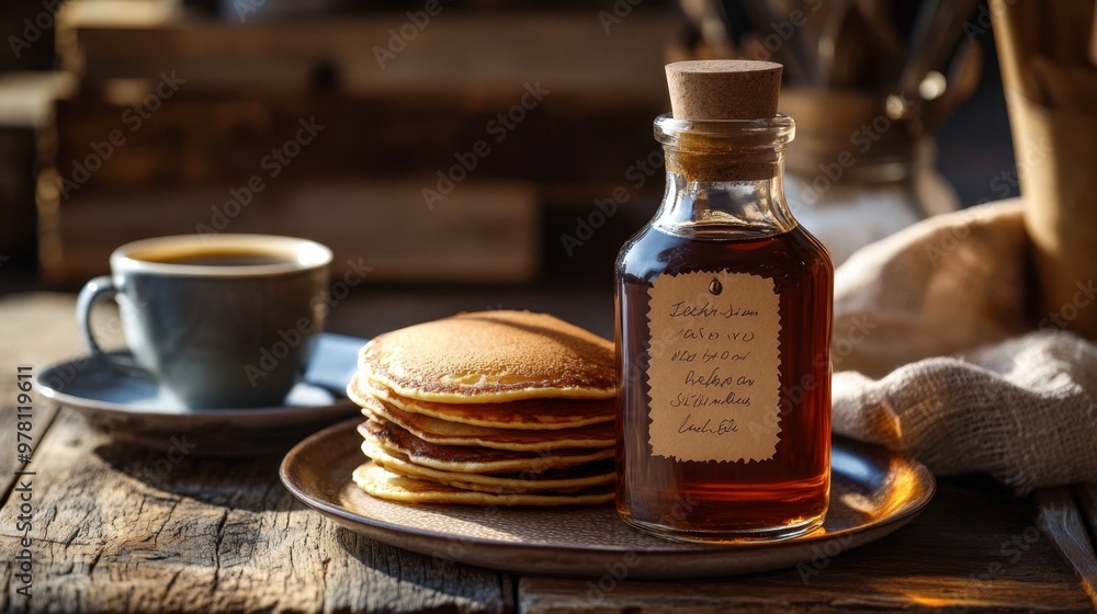 A glass bottle with a handwritten label, filled with a rich, dark syrup ...