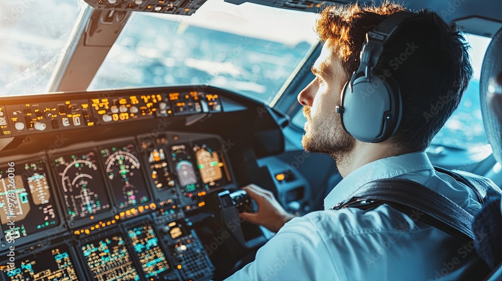 Commercial airplane pilot in the cockpit performing pre-flight checks ...