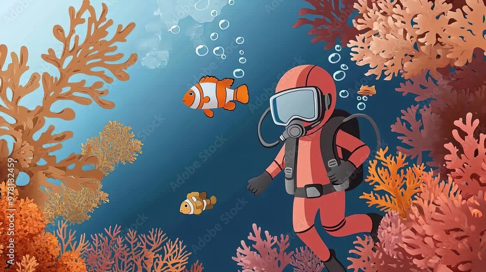 An animated male diver exploring vibrant coral reefs with colorful fish ...