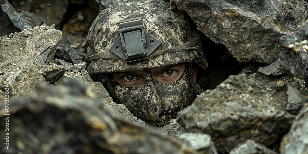 Silent Shadows of Stealth: Camouflaged figures creeping through rubble ...