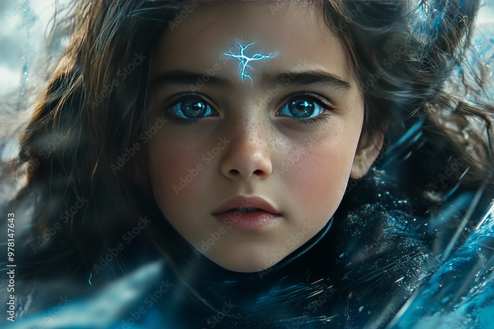 Young girl with a glowing symbol on her forehead representing mystical ...