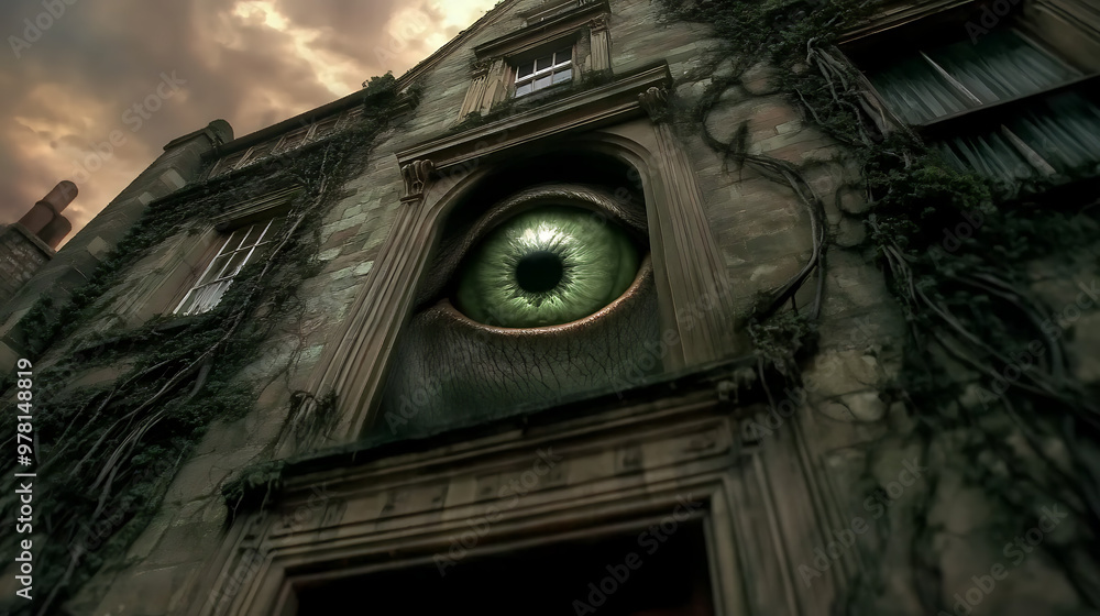 The Watcher's Gaze: A haunting image of a towering stone building with ...