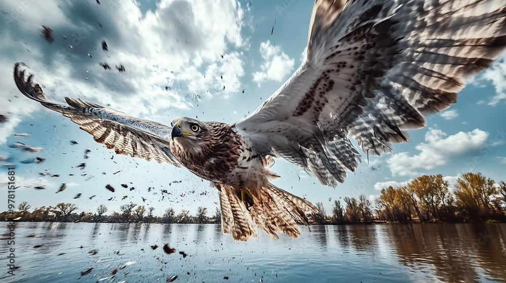 Hawk Dive: A majestic hawk dives towards the water, its wings spread ...