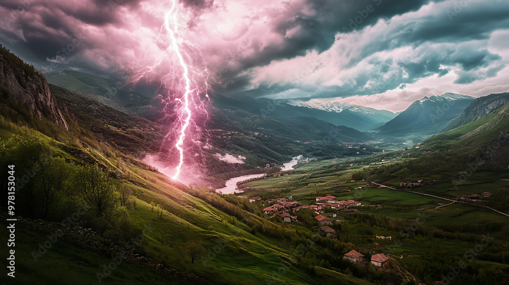 Pink Lightning Strikes Mountain Valley: A dramatic and awe-inspiring ...