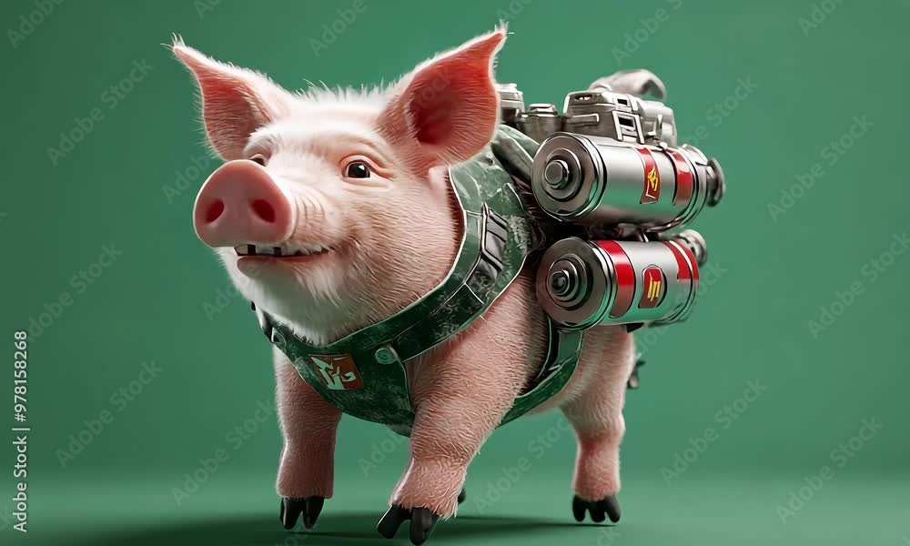 Cute Pig Wearing Futuristic Jetpack Gear green screen background with ...