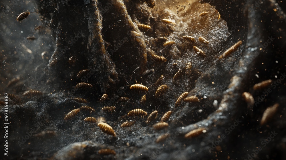 Macro shot of larvae writhing in a dark and mysterious environment ...