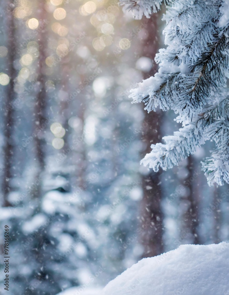 Snowy pine forest winter background with depth of field for a natural ...