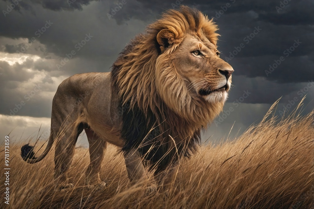 Lion Roaring on a Hilltop in a Thunderstorm: A powerful lion standing ...