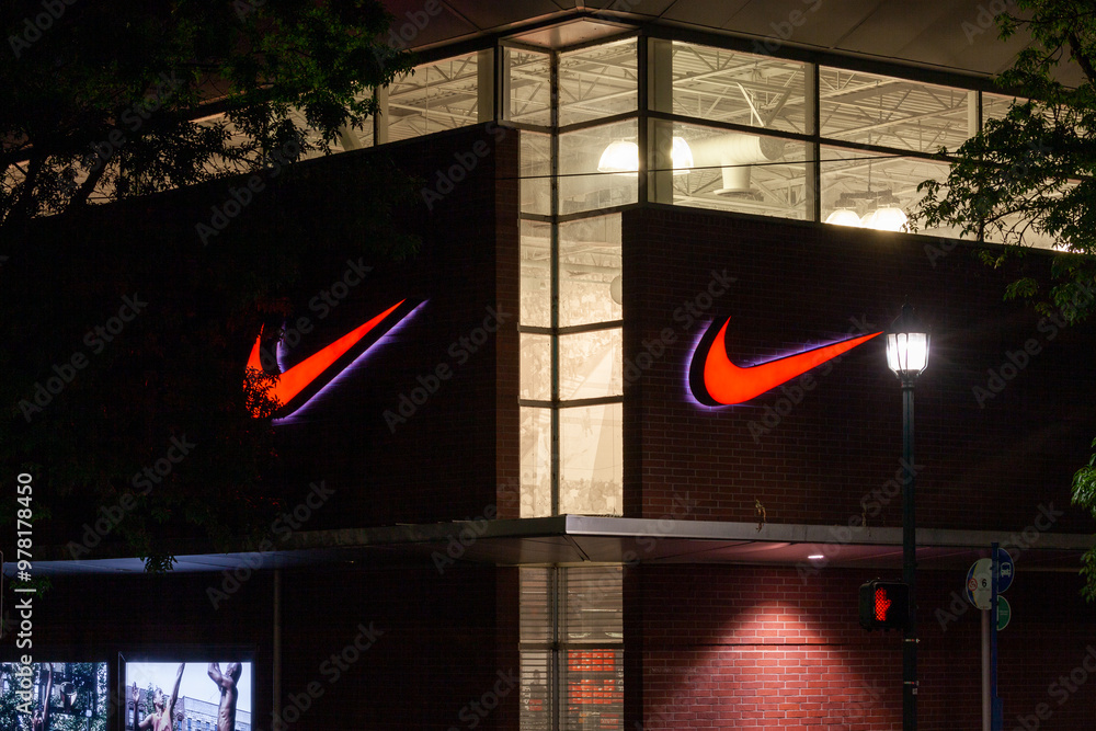 Portland, Oregon, USA-May 15, 2019: Nike retail shop store with its big ...