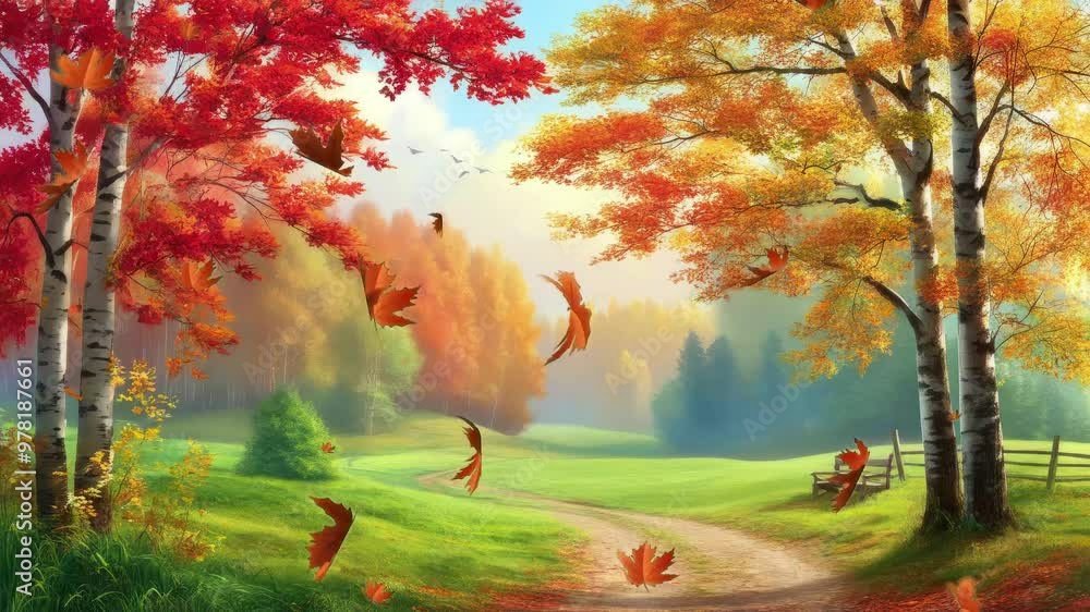 Golden Autumn Forest with Falling Leaves. Autumn Leaves Falling on a ...