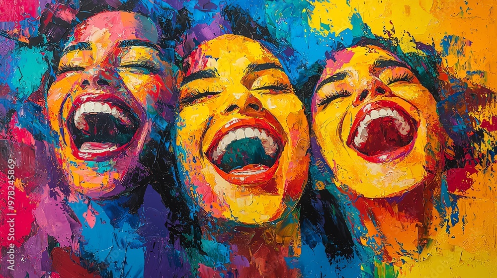 Vibrant abstract painting of a group laughing together, bold colors ...