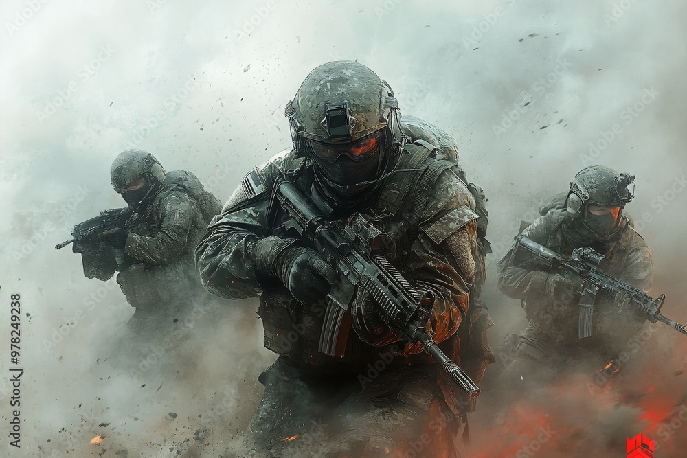 Fictional tense battlefield with armed players, smoke grenades, and ...