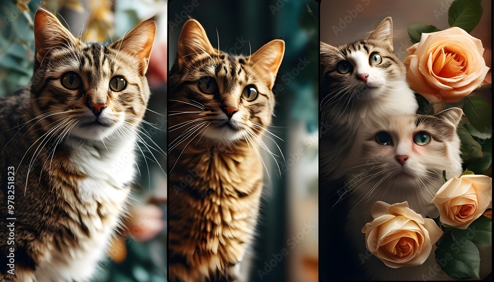 Whimsical Cat Collage Art Featuring Roses and Mountains for Desktop ...