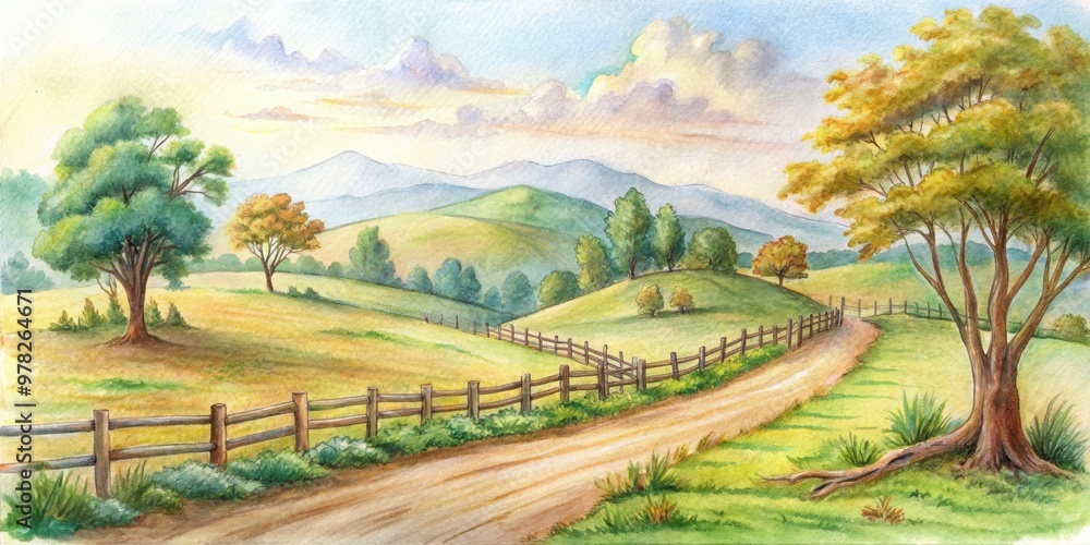 Pencil drawing of a serene rural landscape with fence, dirt path, trees ...