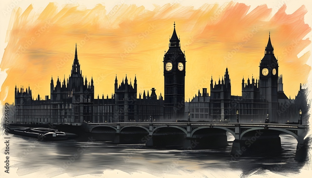Monochrome Pencil Drawing of Iconic London Cityscape Featuring Famous ...