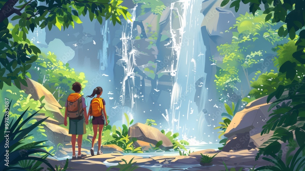 Cartoon vector of tourists hiking through a lush forest trail to see a ...