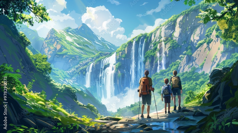 Cartoon vector scene of adventurers trekking through a mountain trail ...