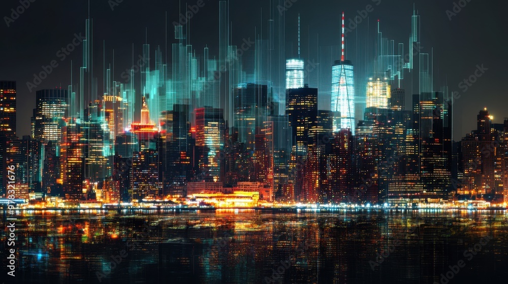 Forex chart with candlestick patterns overlaid on the New York skyline ...