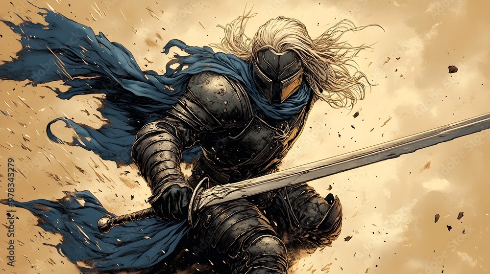 ภาพประกอบสต็อก Fearless Anime Warrior in Mid-Swing with Detailed Armor ...