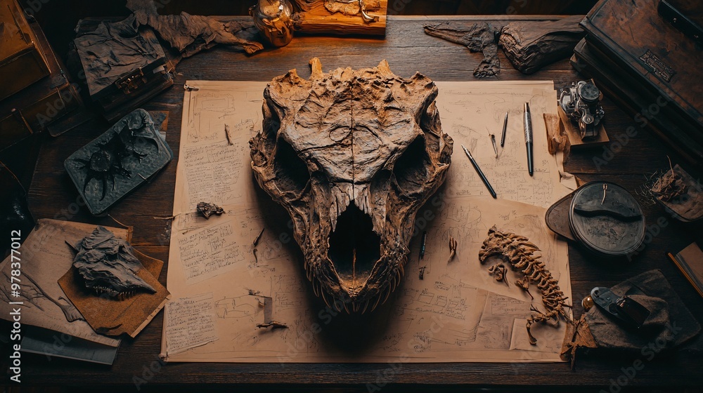 Prehistoric animal skull on a study table, detailed examination with ...