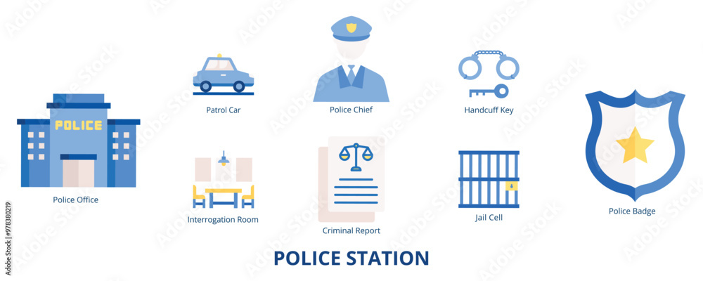 Police Station Flat Banner Web Icon Set Vector Illustration, Police ...